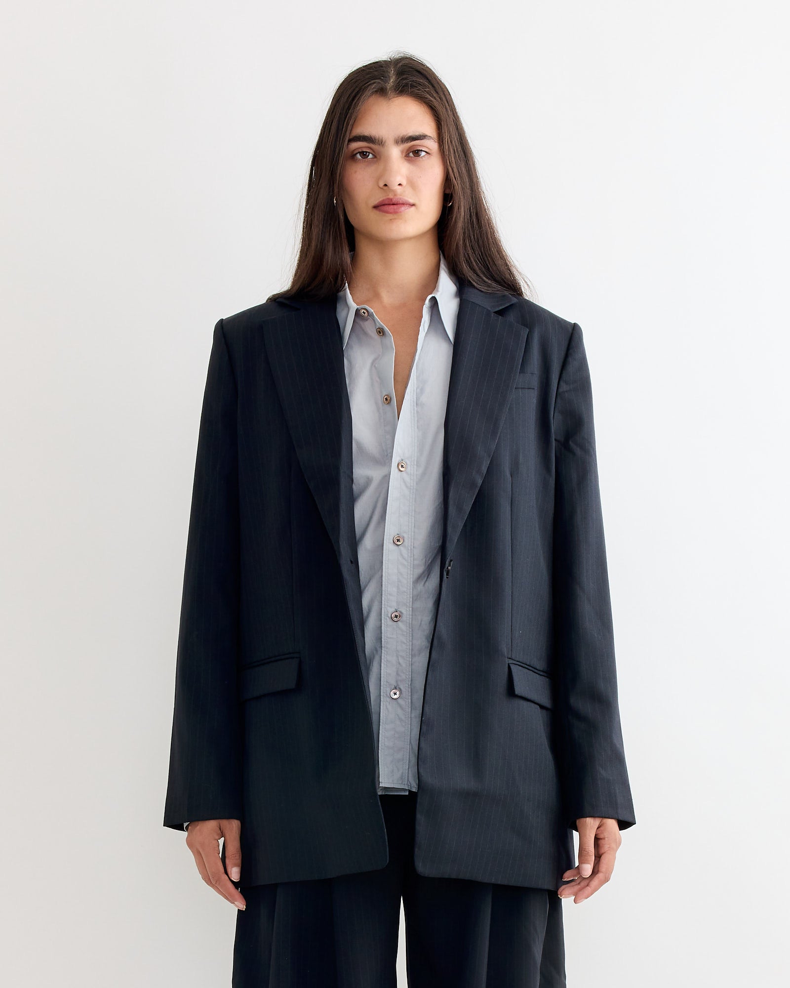 Split Back Blazer in Black Pinstripe